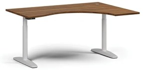Výškově nastavitelný stůl OBOL, elektrický, 675-1325 mm, ergonomický pravý, deska 1600x1200 mm, bílá zaoblená podnož, ořech