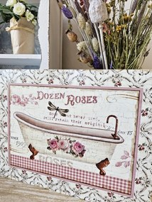 Béžová antik nástěnná kovová cedule s vanou a růžemi Dozes Roses - 25*33 cm
