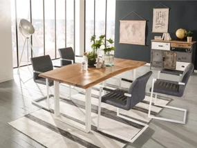 furniture-nabytek.cz - Masivní jídelní sestava Bullwer s 4 židlemi Picton, akácie a kov, šedá a hnědá, lakovaná
