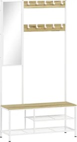 HOMCOM Stojan na oděvy s regálem na boty a zrcadlem, 3 police, sedací lavice, 10 nastavitelných háčků, moderní styl do předsíně, 98x34x186 cm, přírod…