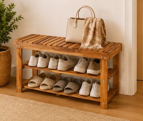 botník, 2 patrový, sedací, bambusové dřevo, 45x90x32 cm, přírodní, Dekorino BB20260040