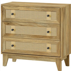 HOMCOM Úložný kabinet s 3 zásuvkami z ratanu 80 x 35 x 76 cm v jemném dřevěném vzhledu