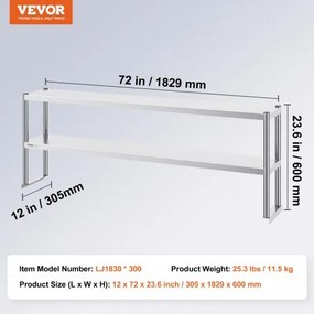 Dvojitá polička Nerezová polička 2patrová 30,5 × 182,9 cm pro přípravný stůl