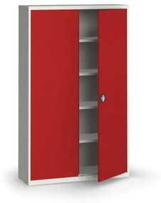 Plechová policová skříň na nářadí KOVONA, 1950 x 1200 x 400 mm, 4 police, šedá/červená