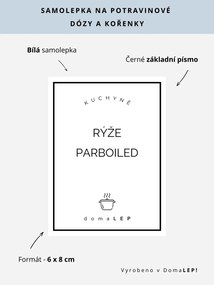 RÝŽE PARBOILED– bílá samolepka na dózu, základní písmo, 6 x 8 cm | DomaLEP