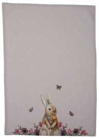 Béžová bavlněná utěrka s králíčkem Happy Bunny – 50x70 cm