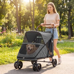 Skládací psí kočárek PawHut – nosnost až 40 kg, odpružení na 4 kolech, přední kola otočná o 360°, pratelná vložka, nastavitelná rukojeť, šedý
