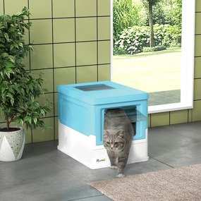 Skládací kočičí záchod PawHut s krytem, odnímatelným zásobníkem, dvířky s horním vstupem a lopatkou 47,5x35,5x36,7 cm Modrá a bílá