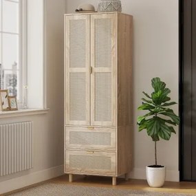 HOMCOM ložnicová skříň se 2 ratanovými dveřmi, 2 zásuvkami a věšákem, 63 x 47 x 185 cm, přírodní dřevo