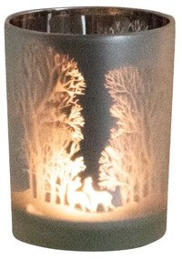 Skleněný svícen s motivem lesa a jelenů M - 10*10*12,5cm