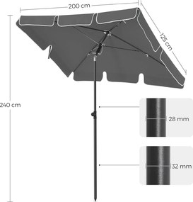 Sklopný slunečník 2x1,25 m, obdélníkový slunečník s taškou, šedý