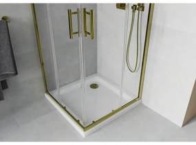 Mexen Rio, čtvercový sprchový kout s posuvnými dveřmi 70 (dveře) x 70 (dveře) x 190 cm, 5mm čiré sklo, zlatý profil + sprchová vanička SLIM se zlatým sifonem, 860-070-070-50-00-4010G