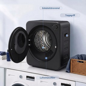 HOMCOM Mini sušička prádla 4 kg s 5 programy až do 60℃ 800W/400W odvětrávací sušička s nerezovým bubnem černá