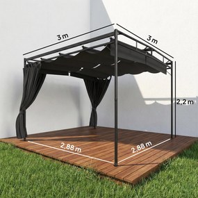 Pergola Pavillon 3x3m Wasserabweisend Sonnenschutz mit verstellbares Schiebedach Vorhängen, freistehend