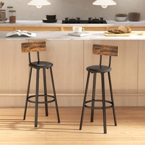HOMCOM Barové židle 2ks sada, barová židle s opěrkou nohou a opěradlem, výška sedu 75,5 cm pro kuchyň a bar, rustikální hnědá
