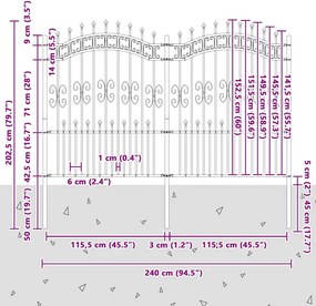 Zahradní plot KAMPEN s kopím nahoře černý 240 x 150 cm ocelový 151087