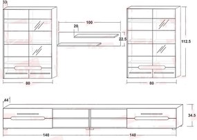 Obývací stěna v bílém lesku s prvky dekoru dub sonoma KN1212