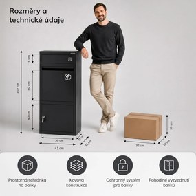 Kovová schránka na balíky a dopisy, venkovní, uzamykatelná, černá: Paczkobox PAT