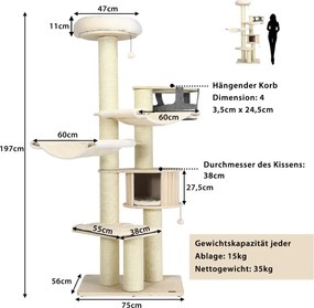 Costway 197 cm 7patrové dřevěné škrabadlo s houpací sítí a jeskyní pro kočky