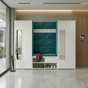 Předsíňová stěna Trinity 10 s čalouněnými panely, 280 cm, bílá / azurová