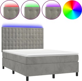 Box spring postel s matrací a LED světle šedá 140x200 cm samet 3136365