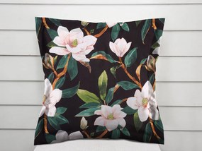 Biante Bavlněný povlak na polštář s lemem Sandra SA-300 Květy magnolie na černém 60 x 60 cm