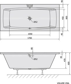 Polysan, KVADRA obdélníková vana 170x80x47cm, bílá, 18611