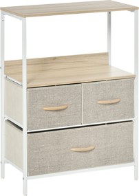 HOMCOM Úložná Skříň s 3 Textilními Zásuvkami, Policí a Horní Deskou, Malá Boční Skříň - 58D x 29Š x 81,5V cm - Přírodní a Bílý Kov