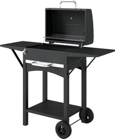 Outsunny gril na dřevěné uhlí s poklopem — BBQ vozík s 2 bočními stolky, velká grilovací plocha, teploměr a kolečka, 110 x 46,5 x 101 cm (černý)