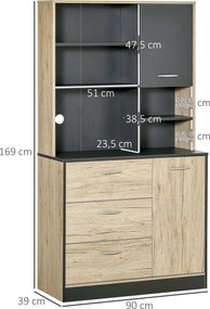 HOMCOM Kuchyňský Bufet Skříňka s Víceúložným Prostorem, 2 Dveře, 3 Zásuvky, 3 Police + Velká Pracovní Deska 90 Š x 39 H x 169 V cm, Dvoubarevná Světlý