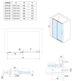 Polysan, ALTIS LINE BLACK sprchové dveře 1270-1310mm, výška 2000mm, sklo 8mm, AL4012B