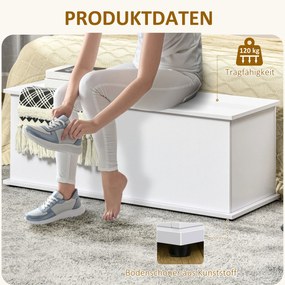 HOMCOM Dřevěný Úložný Truhlicový Otoman s Víkem pro Uložení v Ložnici a Obývacím Pokoji, Nosnost 120 kg, 100x40x40 cm, Bílý