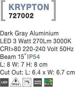 NV 727002 Venkovní zapuštěné svítidlo do zdi KRYPTON tmavě šedý hliník LED 3W 3000K 220-240V 15st. IP54 - NOVA LUCE