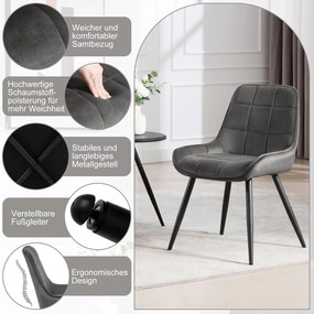WOLTU Sada 2 čalouněných jídelních židlí z sametu s ergonomickou opěrkou, tmavě šedá