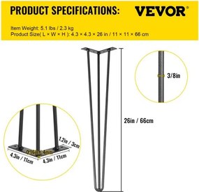 Vlásenkové stolní nohy 66 cm, sada 4 DIY stolních stolových nohou 3 tyče Zesílené