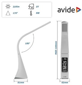 Kožená stmívatelná LED stolní lampa s displejem 6W 320lm, studené světlo, bílá