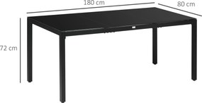 Obdélníkový zahradní stůl Outsunny pro venkovní jídelnu pro 8 osob s tvrzeným sklem a hliníkovým rámem 180 x 80 x 72 cm Černý