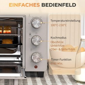 HOMCOM malá trouba 21l, 100°C-230°C, časovač na 1 hodinu, 3 režimy pečení, drátěný rošt, plech, nerez, 46L x 38.5W x 29H cm, stříbrná| Aosom