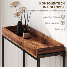 HOMCOM Předsíňový stolek, úzký konzolový stolek, kov, dřevotříska, rustikálně hnědá