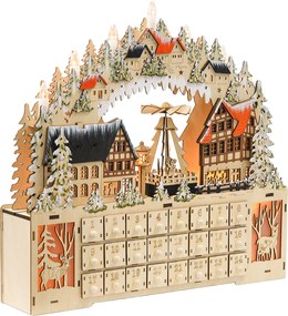 HOMCOM Adventní kalendář, vánoční vesnička, 18 LED světýlek, 24 zásuvek, opakovaně použitelný, 45 x 9 x 42,5 cm