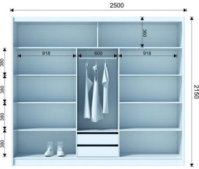 Šatní skříň se zrcadlem SANTINO 250x215 cm dub craft/černá