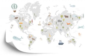 Fototapeta World Map With Cute Animals In Cartoon Style. Map For Nursery, Kids Room With Nature, Animals, Transports. Skandi Omyvatelný vlies 416x290