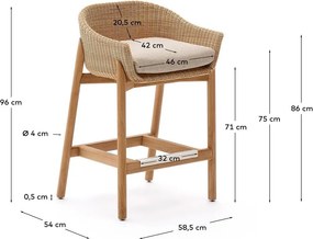 Polstrovaná/ratanová zahradní barová židle v přírodní barvě Galea – Kave Home
