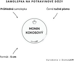 MONIN KOKOSOVÝ - omyvatelná samolepka na dózu, výběr rozměrů Ø 5 cm / 5 x 5 cm / 6 x 8 cm | DomaLEP tvar: OBDÉLNÍK, barva: PRŮHLEDNÁ - ČERNÉ písmo, velikost: š. 6 cm x v. 8 cm - tučné písmo