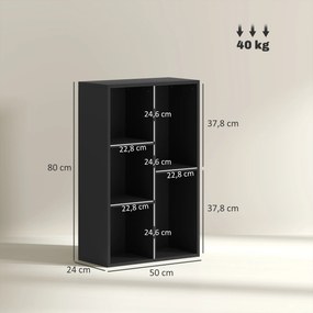 HOMCOM Knihařka, 2-patrová úložná police se 5 oddíly, do obývacího pokoje, ložnice, kanceláře, 50 x 24 x 80 cm, černá