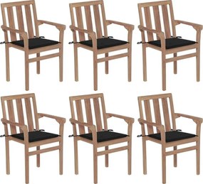 vidaXL Stohovatelné zahradní židle s poduškami 6 ks masivní teak [3073412] Barva: Černá
