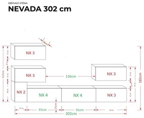 Ral Obývací stěna NEVADA 8, 302 cm - Černo/bílá lesk