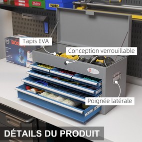 DURHAND Metalová Toolbox se 6 zásuvkami a 1 horním tácem, uzamykatelná se 2 klíči, 2 rukojeti, modrá