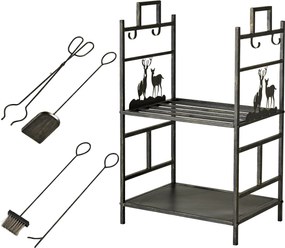Outsunny Stojan na Dřevo s Nástroji do Krbu, Regál na Dřevo, Skladování Dřeva, Nástroje do Krbu Železo Černé+Zlaté 51,5x33x77 cm | Aosom