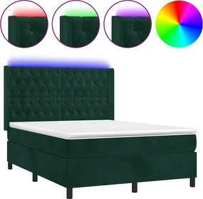 Box spring postel s matrací a LED tmavě zelená 140x200 cm samet 3139748